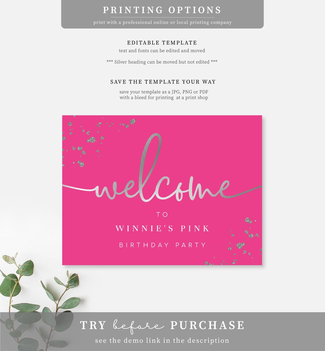 Editable Welcome Sign Hot Pink Silver Printable Girls - Etsy