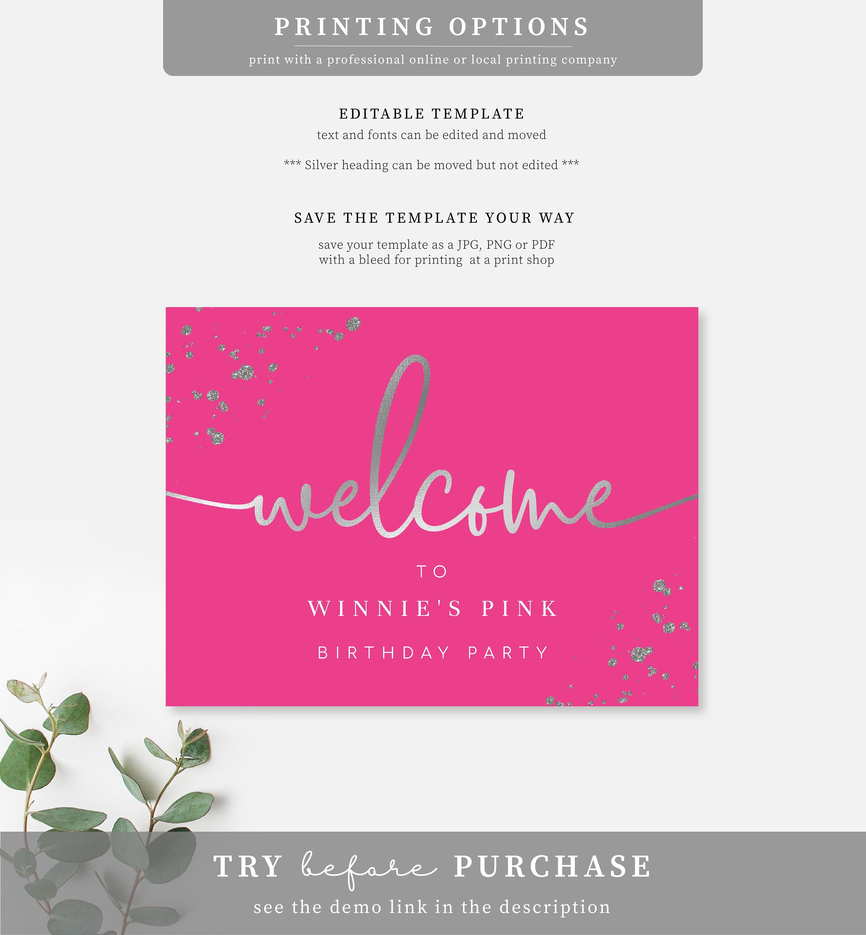 Editable Welcome Sign, Hot Pink Silver Printable Girls Birthday Welcome ...