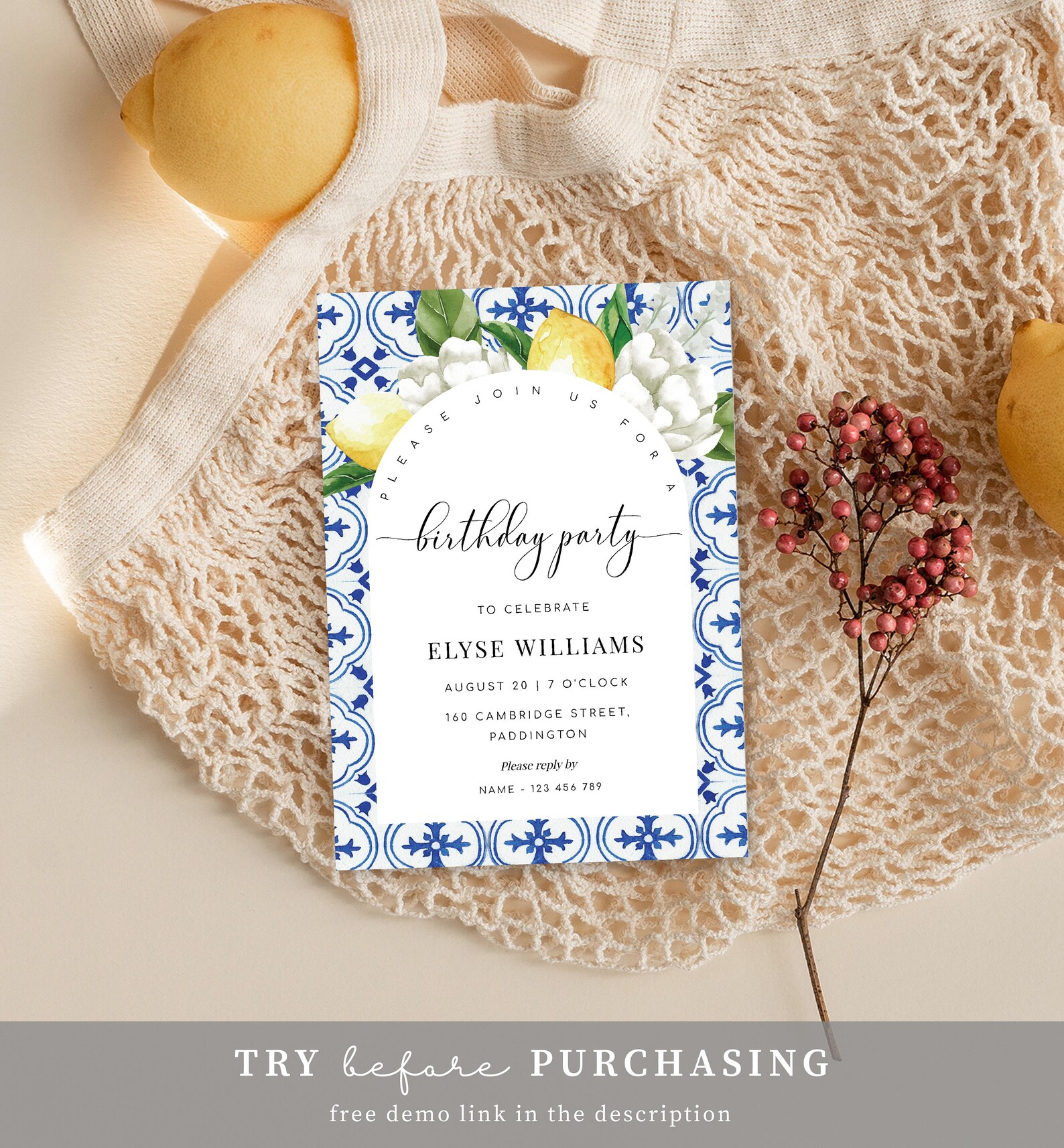 Mediterranean Birthday Party Invitation, Blue Tile Lemons, Capri Theme ...