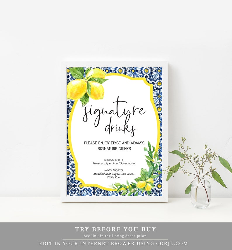 Positano Blue Tile Lemon Signature Drinks Sign Signature | Etsy