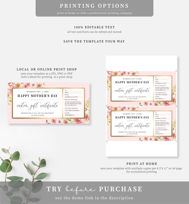 Happy Mother's Day Gift Voucher Fully Custom Printable | Etsy
