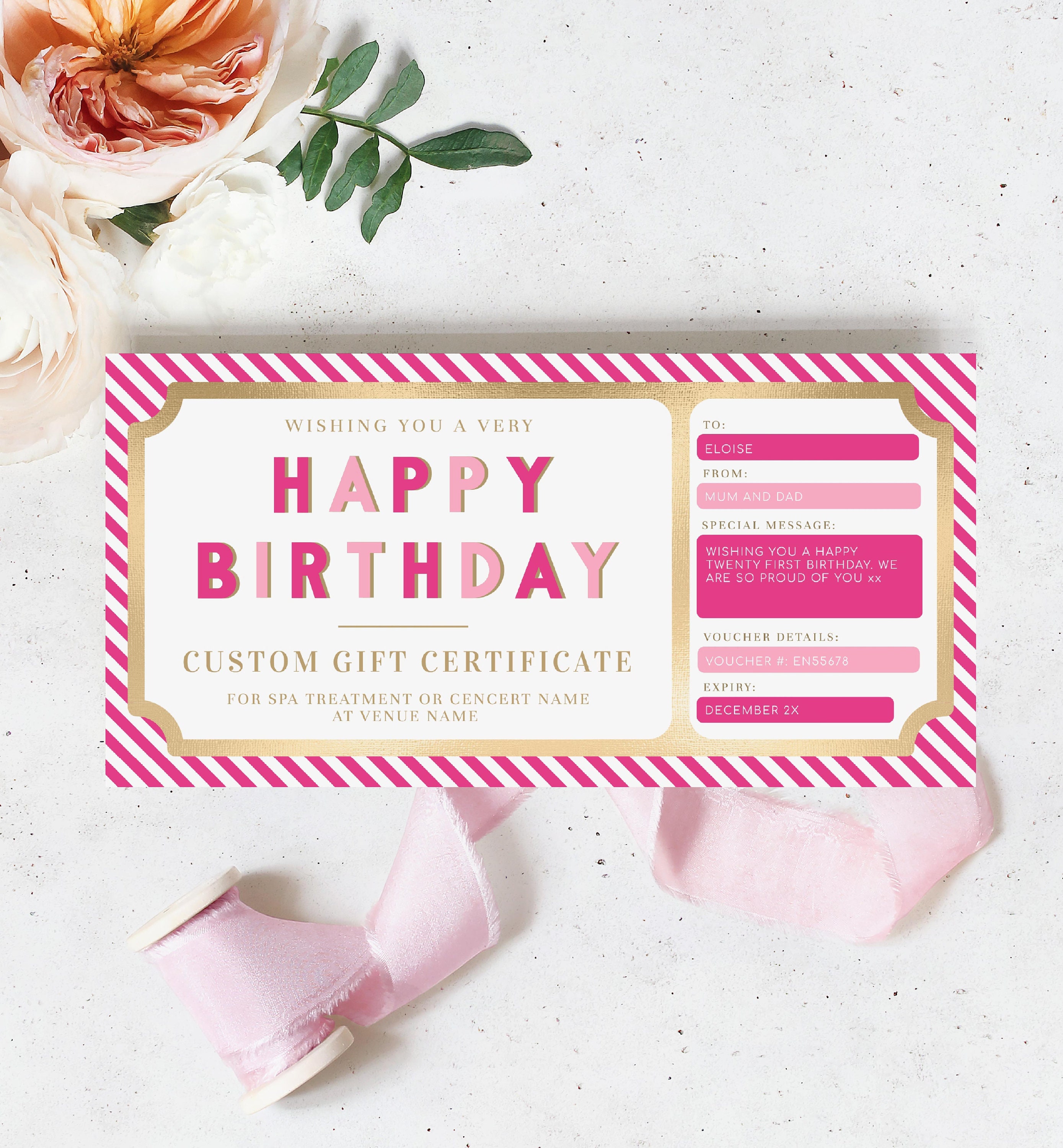 Hot Pink Stripe Birthday Gift Certificate Printable Template - Etsy UK