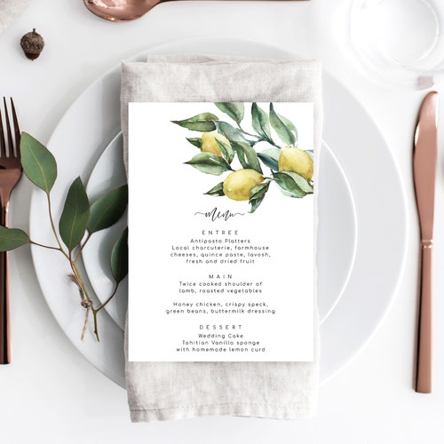 Lemon Editable Printable Menu Template Wedding Menu Floral - Etsy
