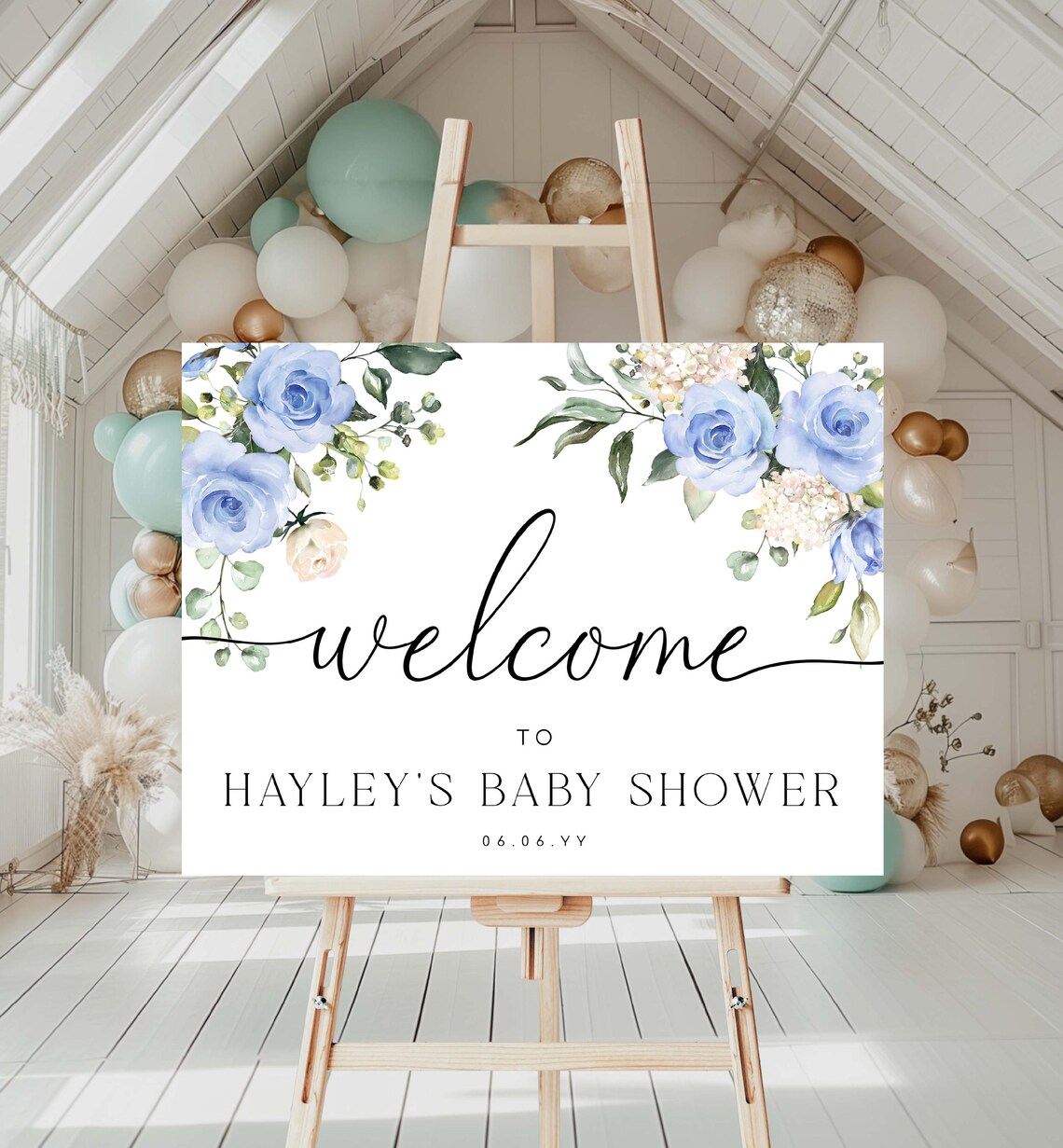 Printable Blue Floral Wedding Welcome Sign, Greenery Landscape Template ...