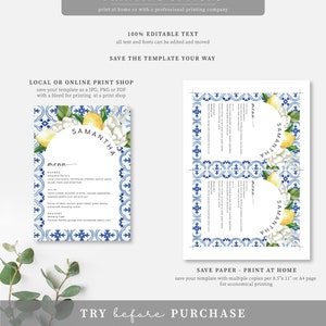 Mediterranean Blue Tile Editable Menu Arch Template, Italian Lemons ...