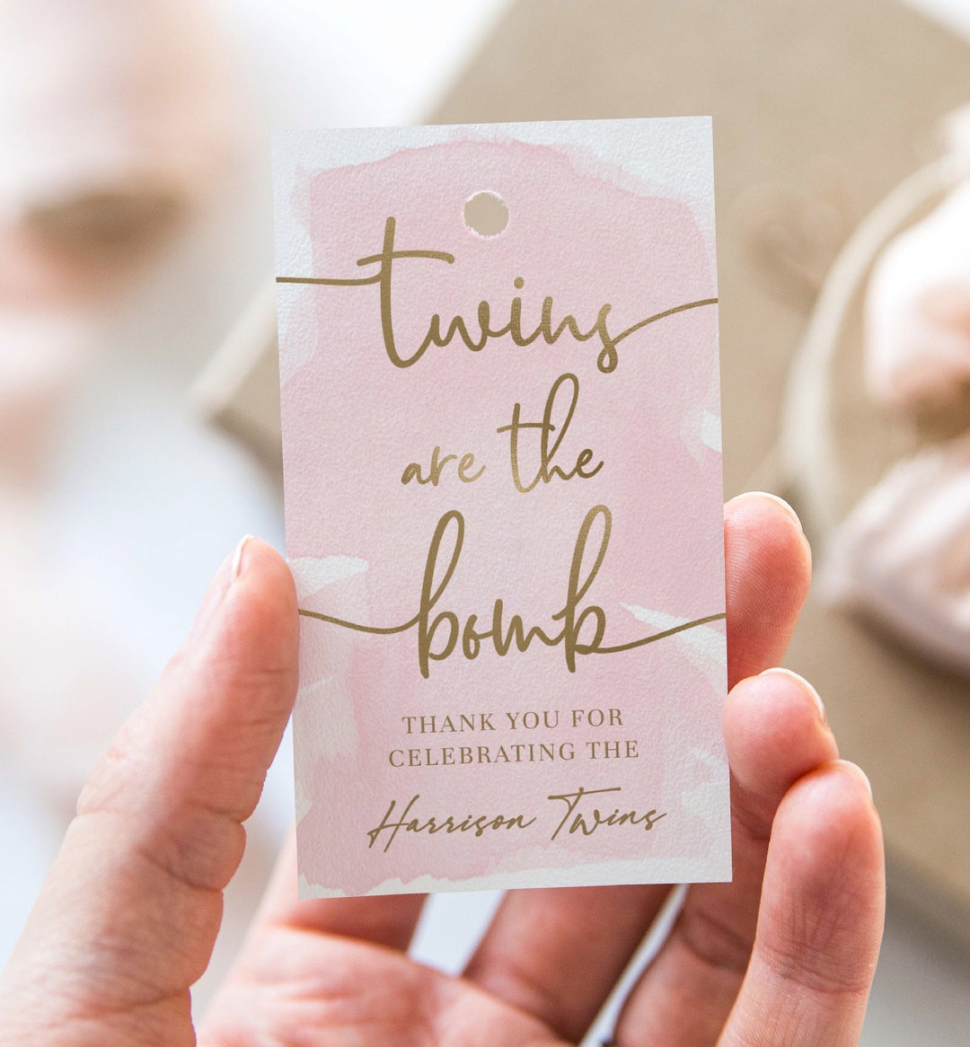 Twins Baby Shower Favor Tag, Pink Watercolor, Gold Foil (digital ...