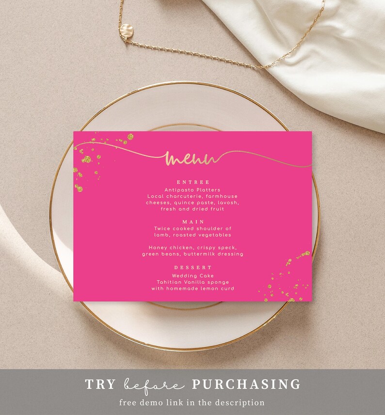 Hot Pink and Gold Editable Menu Template Printable Wedding - Etsy