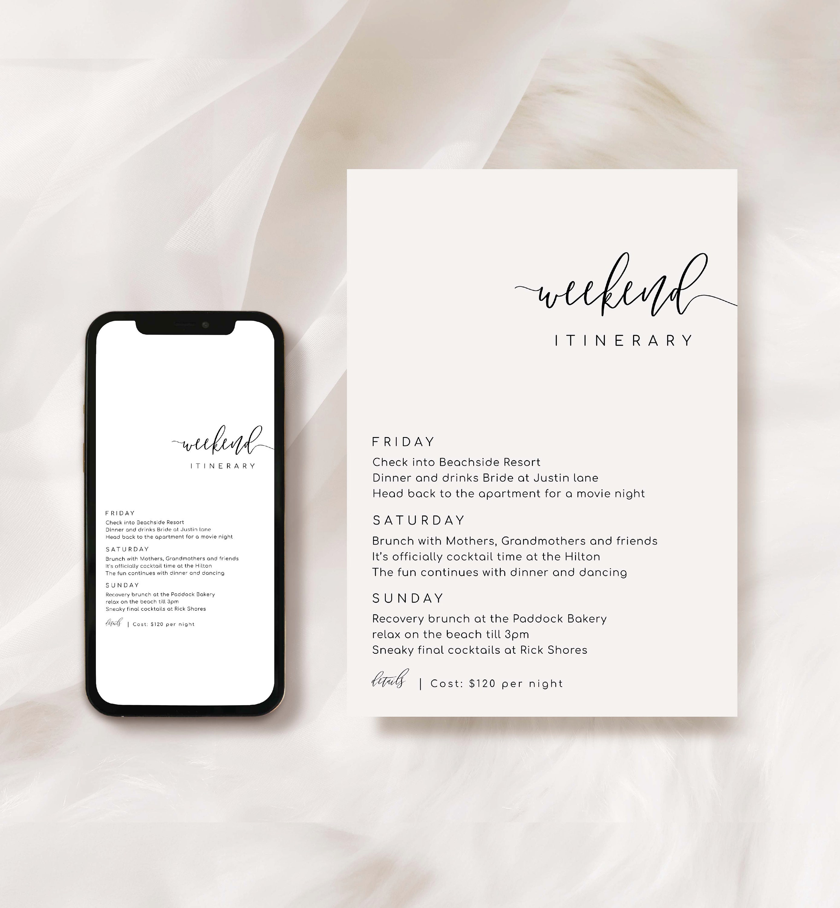 Modern Minimalist Weekend Itinerary Template, Printable Editable ...