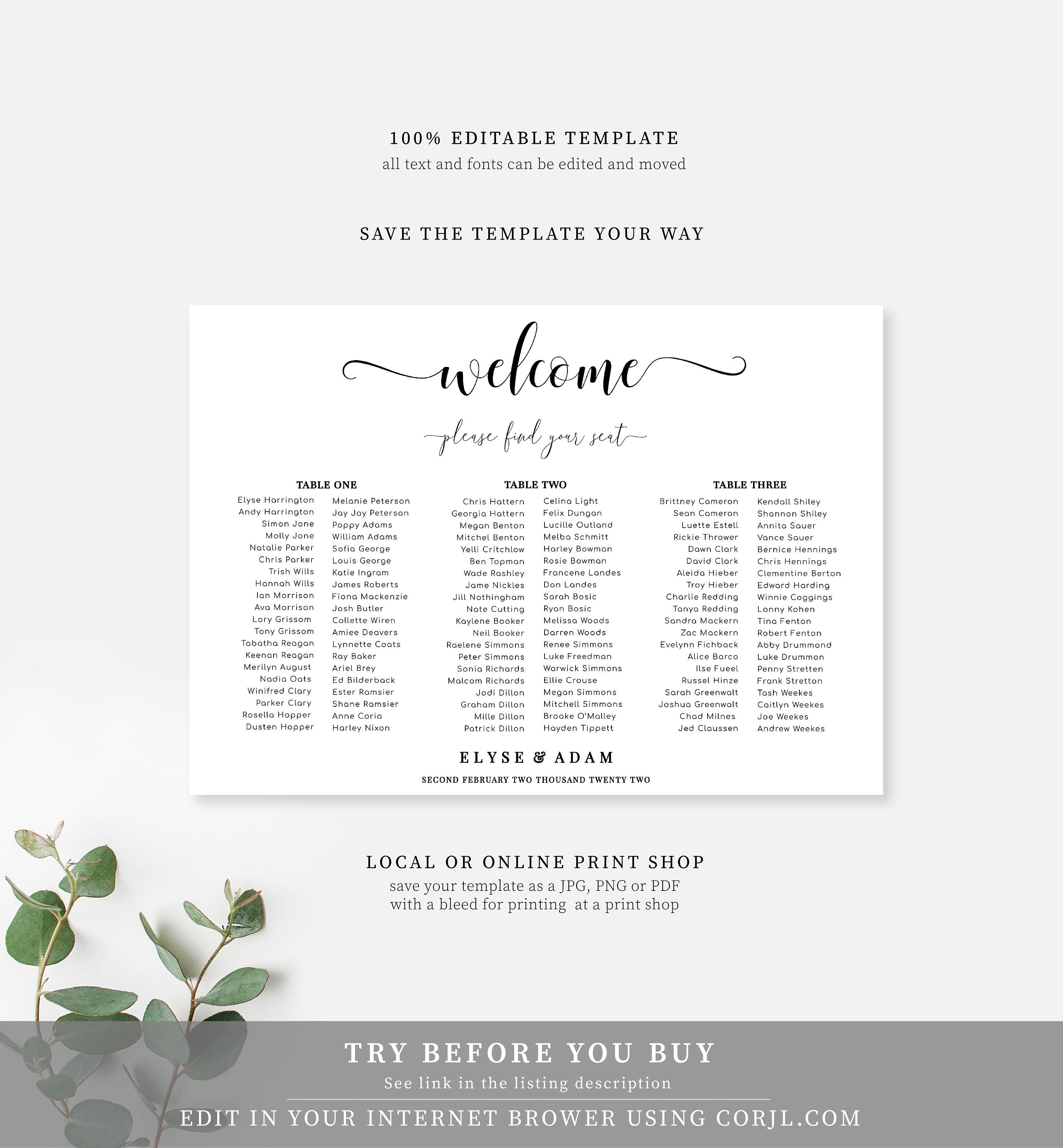 Modern Minimal Wedding Table Plan Printable Editable Seating - Etsy ...