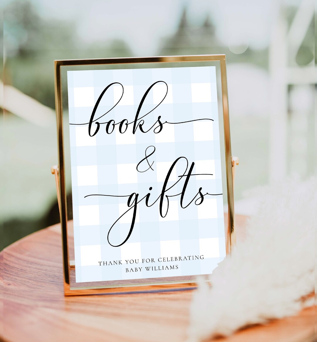 Printable Books and Gifts Sign Template, Blue Gingham, Printable Boy ...