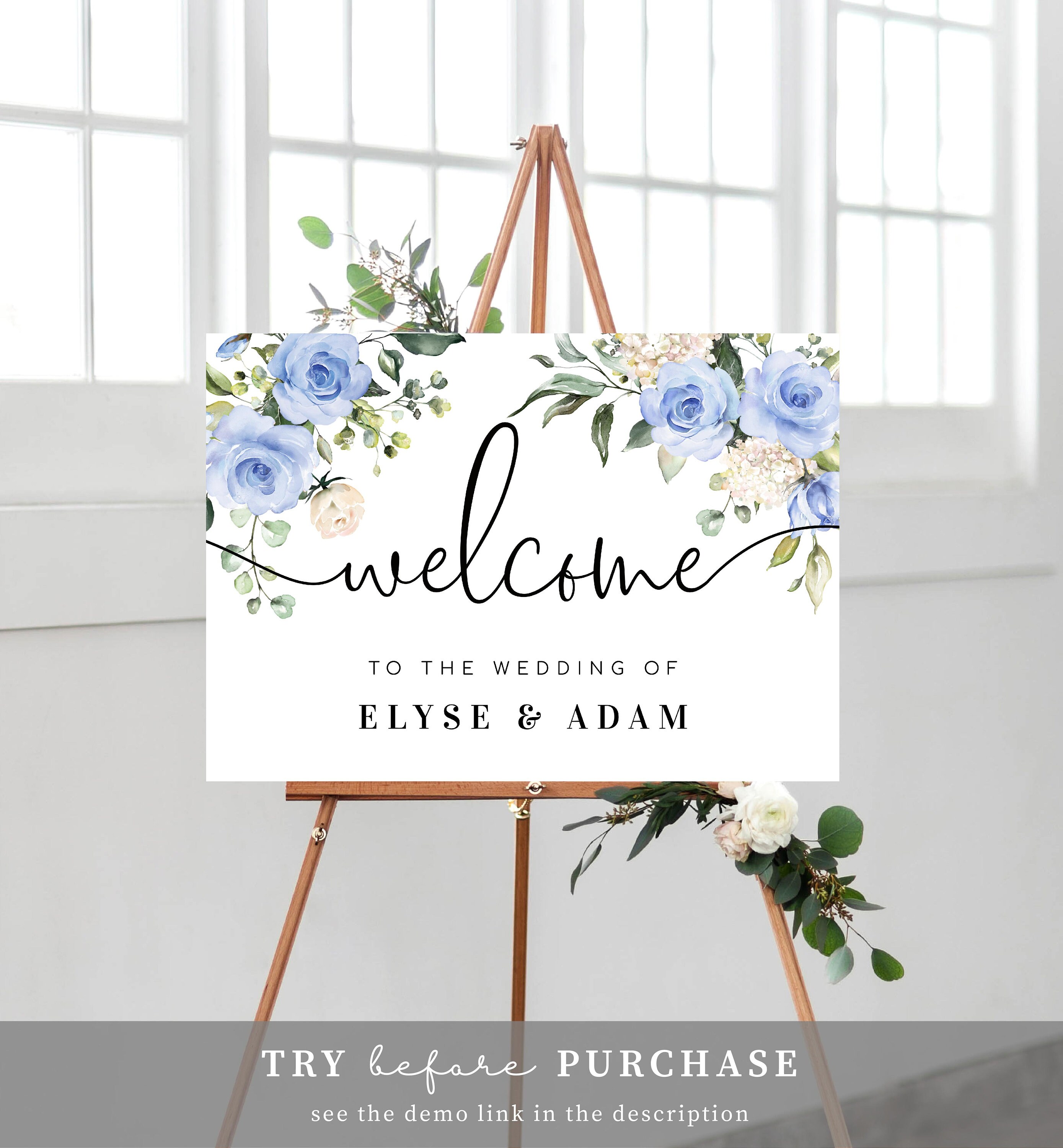 Blue Floral Welcome Sign Landscape Greenery Printable | Etsy