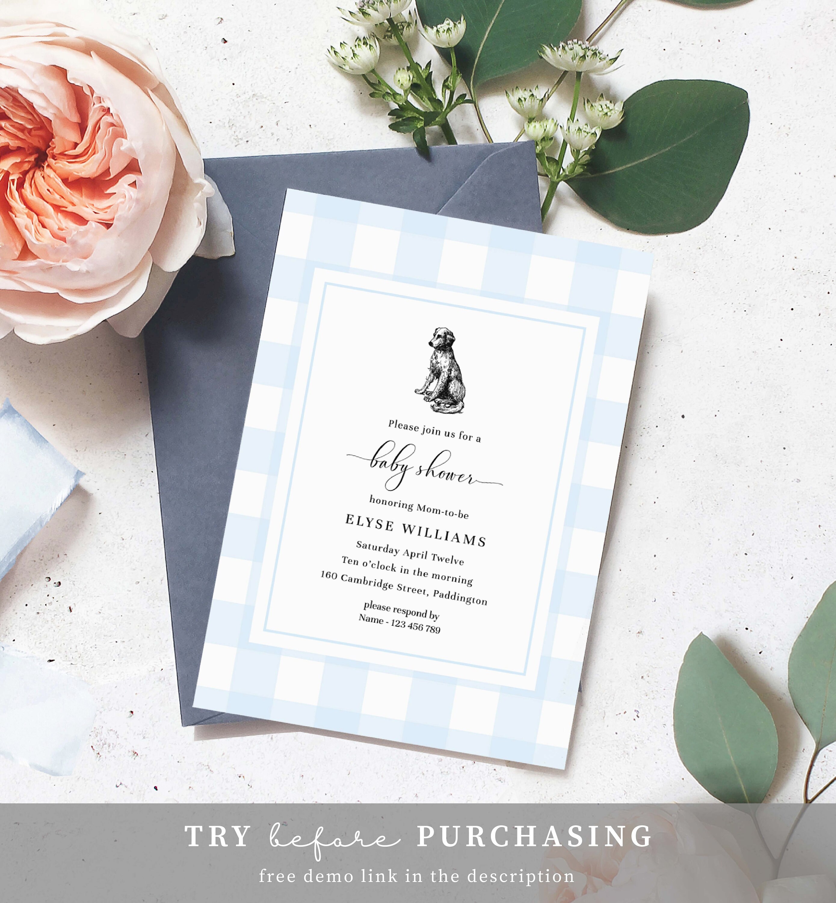 Puppy Dog Baby Shower Printable Invitation Template, Blue Gingham, Boy ...