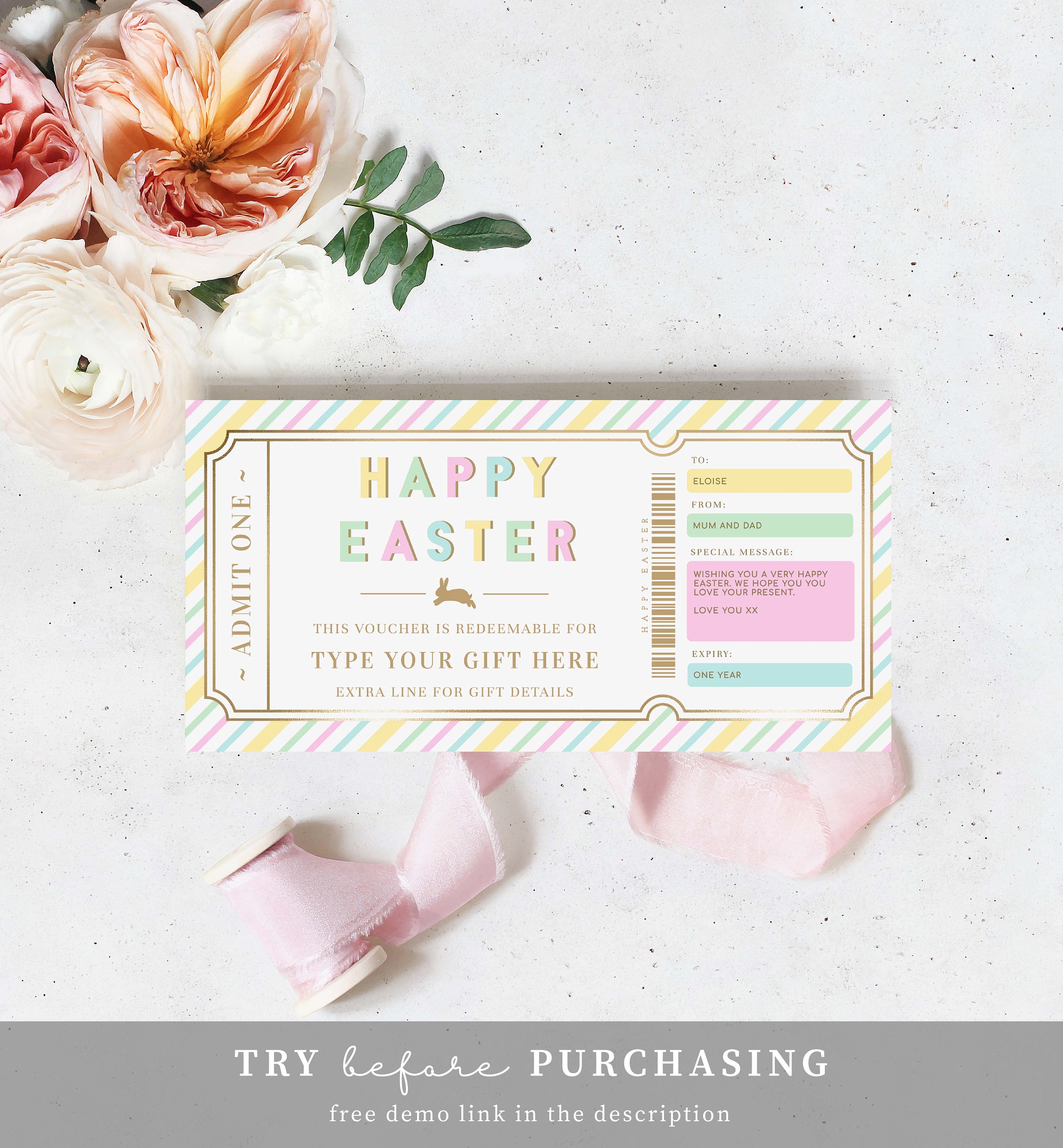 Easter Gift Voucher Template, Fully Custom Printable Gift Certificate ...