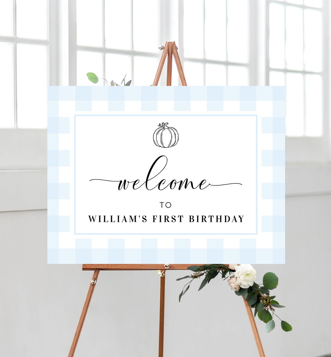Blue Gingham Welcome Sign, Fall Pumpkin Boy First Birthday Blue Check ...