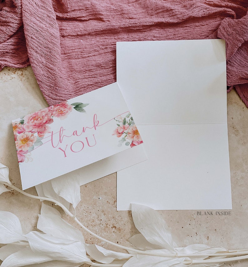 Blush Peony Thank You Card Template, Floral Baby Shower, Wedding ...
