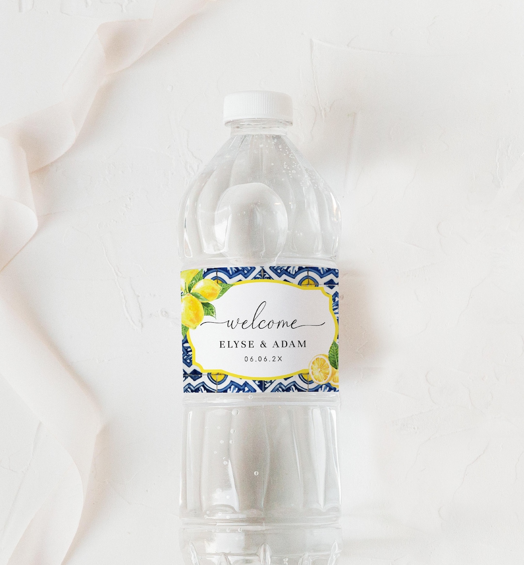 Welcome Water Bottle Printable Label, Positano Blue Tile Lemon Wedding ...