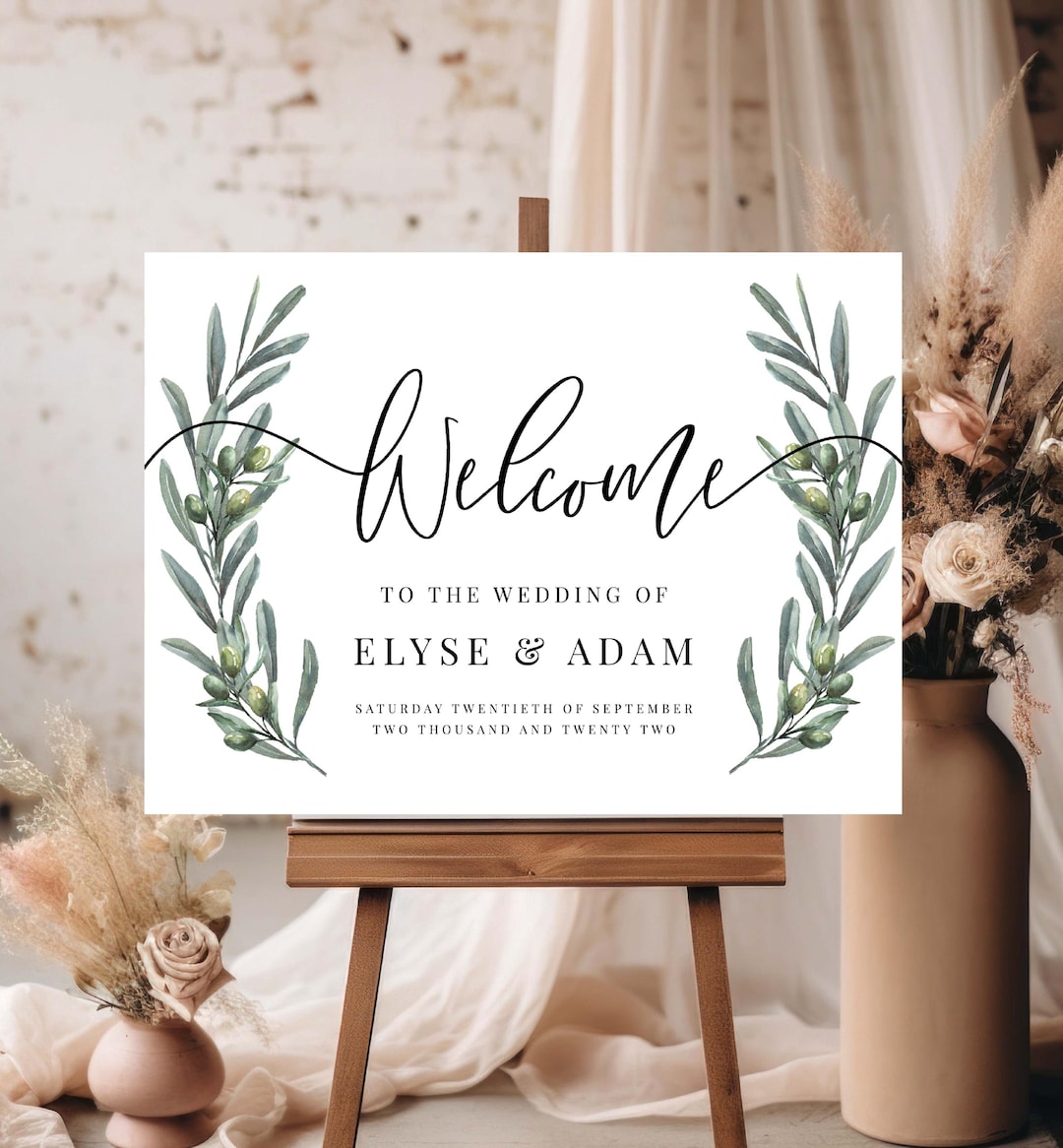 Olive Leaves Wedding Welcome Sign, Printable Wedding Sign, Olive Branch ...