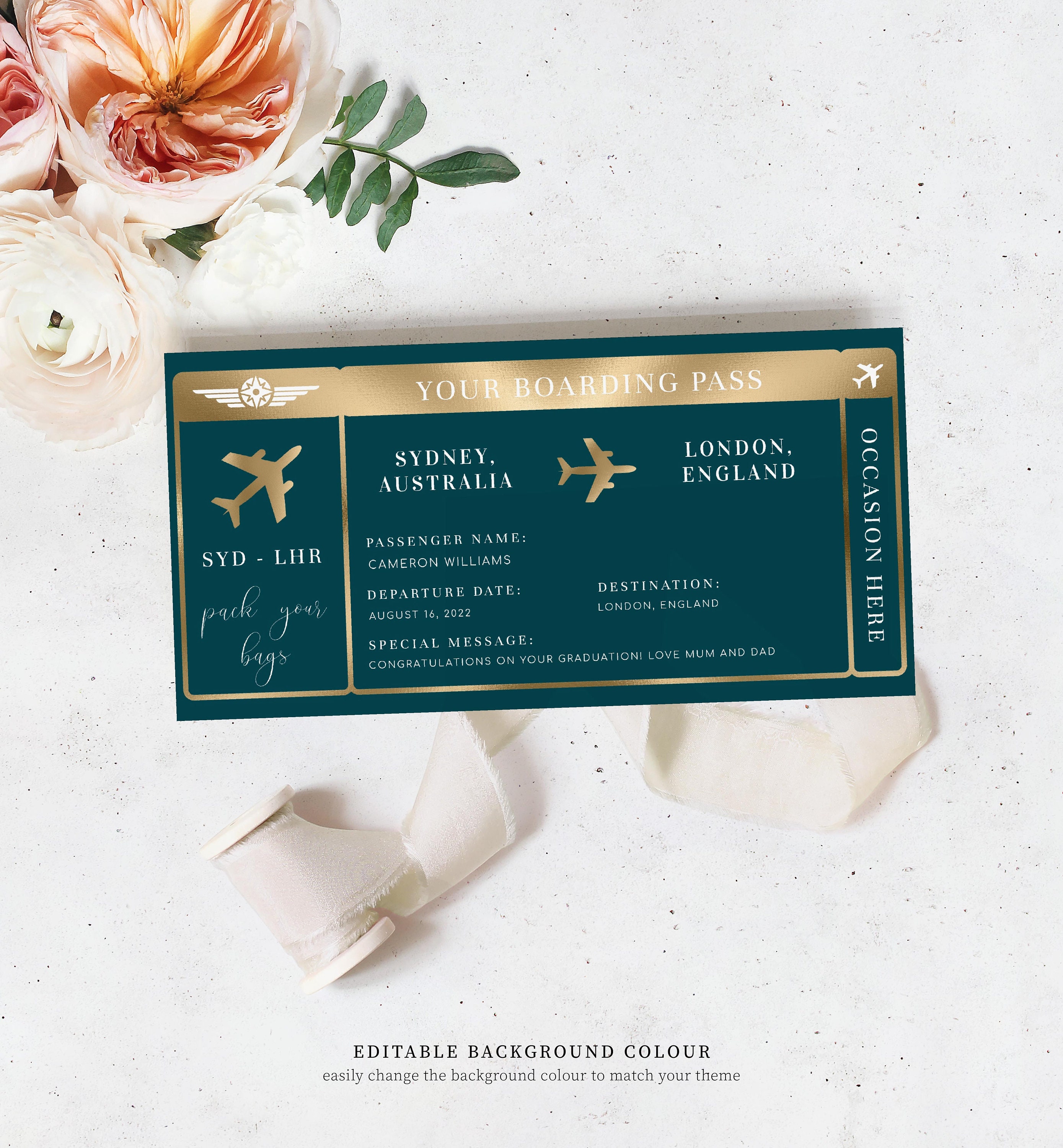 Editable Boarding Pass Template - Printable Navy Gold Surprise Fake ...