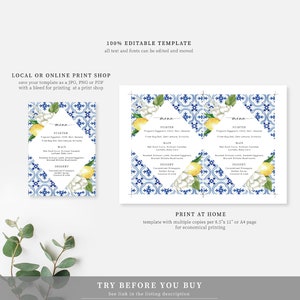 Mediterranean Blue Tile Editable Menu Template - Lemons - Printable ...