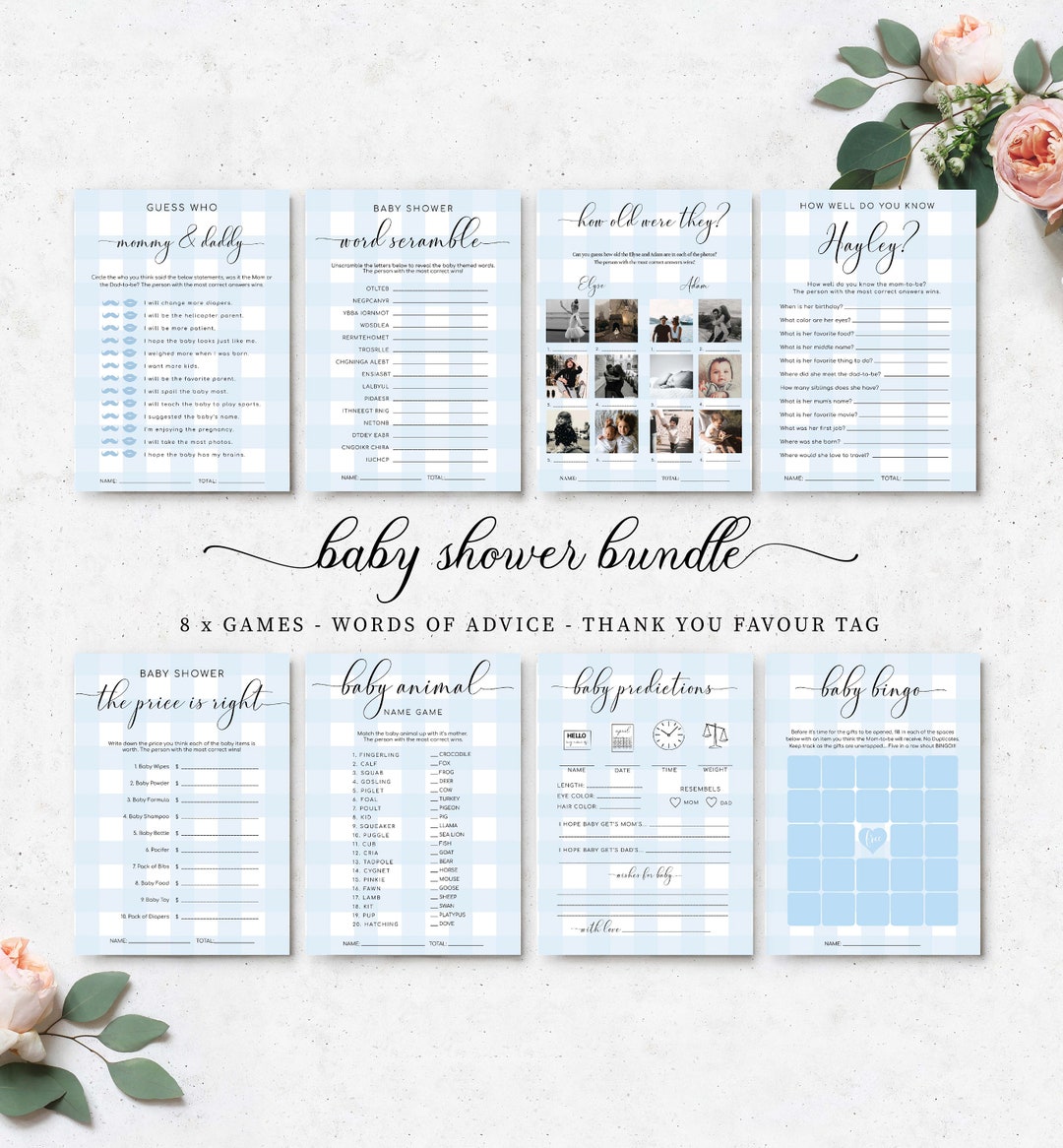 Printable Baby Shower Games Bundle, Blue Gingham Boy Baby Shower, BBQ ...