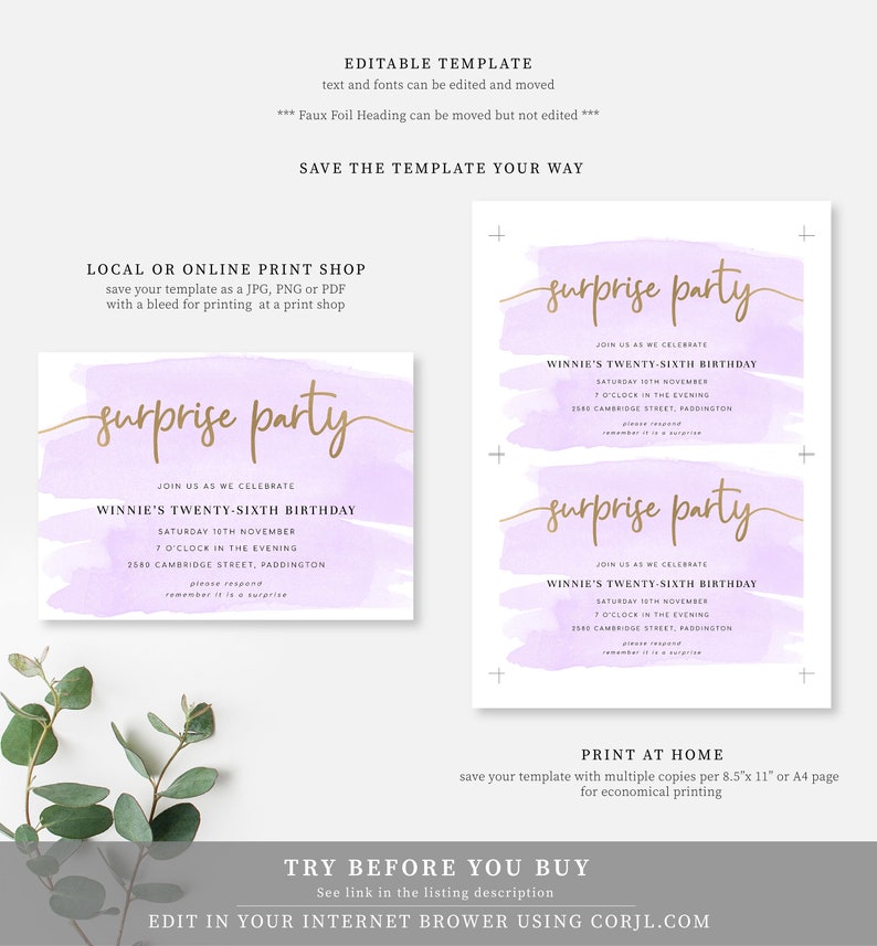 Lilac Surprise Birthday Party Invitation - Printable Editable Template ...