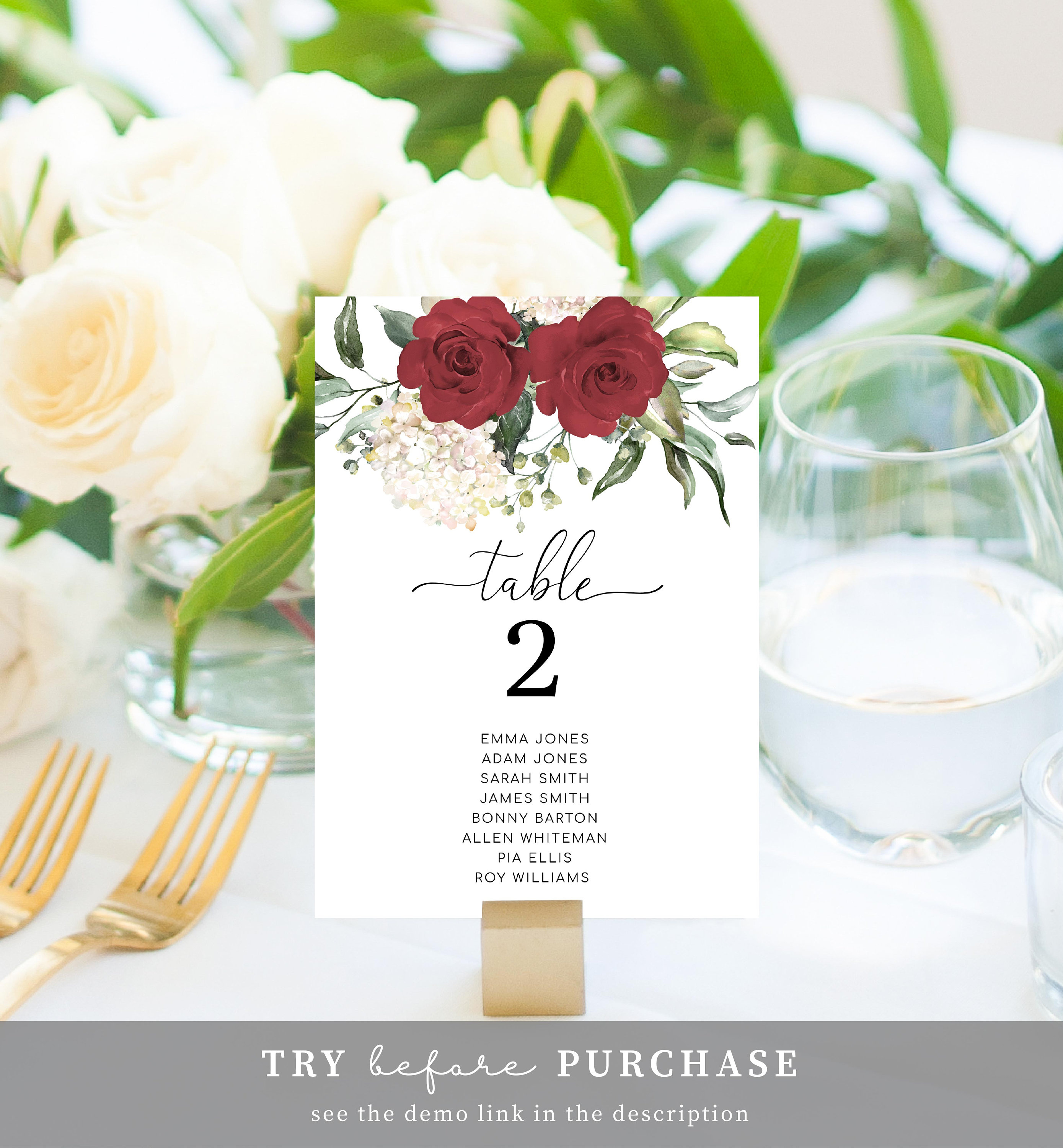 Editable Table Numbers With Guest Names Red Roses Floral | Etsy