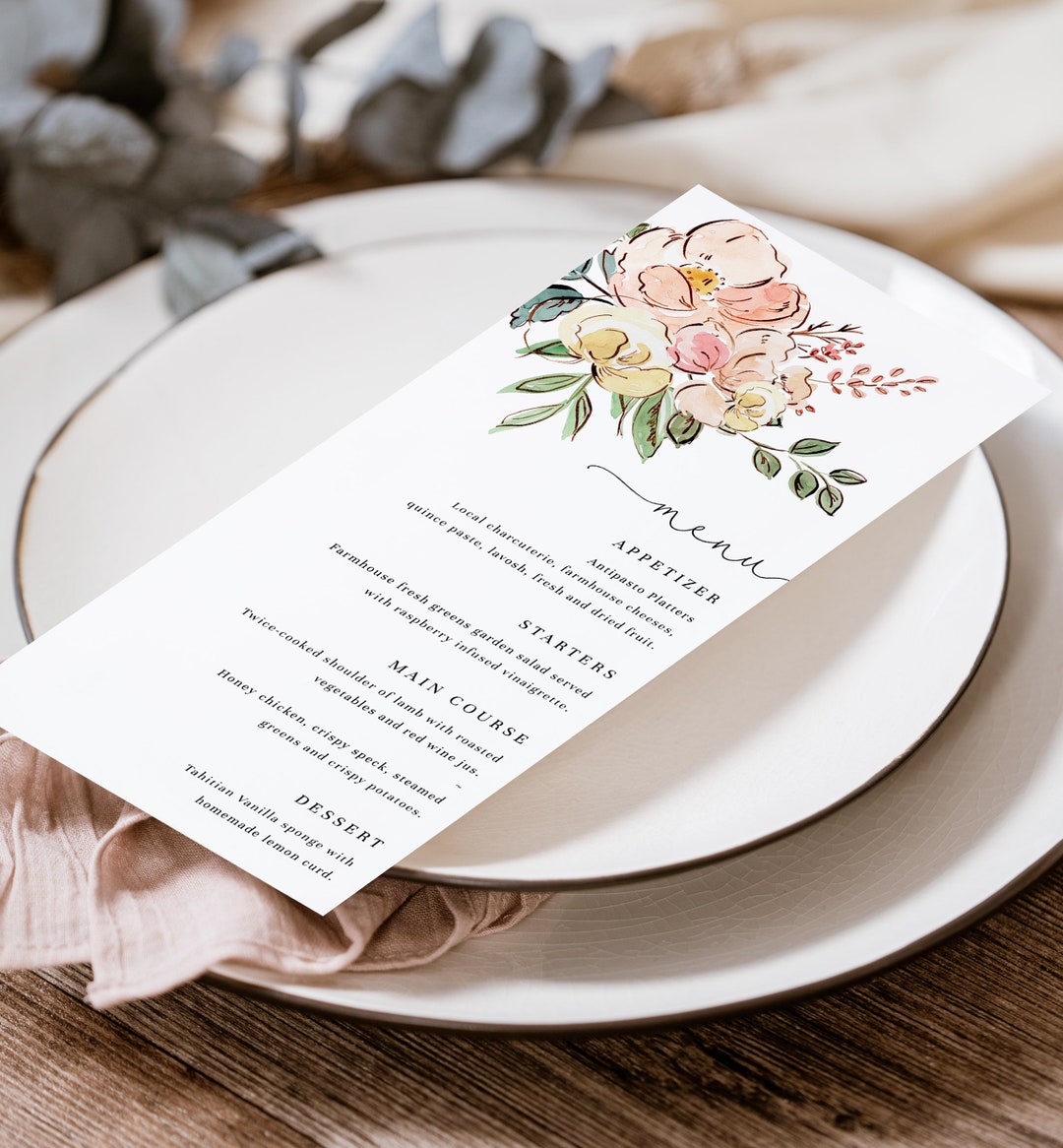 Printable Dinner Menu Template, Vintage Floral Wedding Menu, Long Menu ...