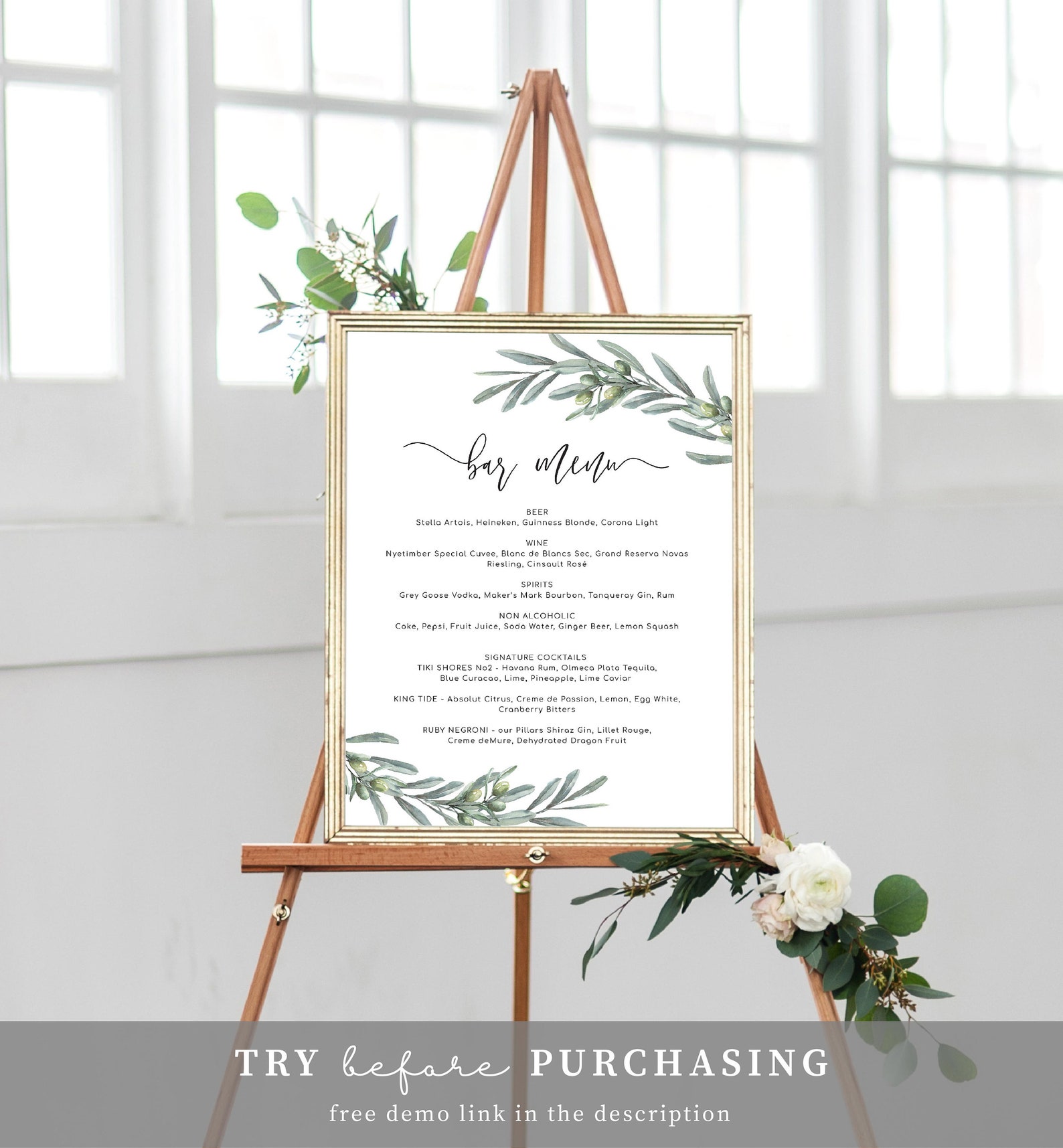 Editable Bar Menu Sign Printable Italian Olive Leaf Wedding | Etsy