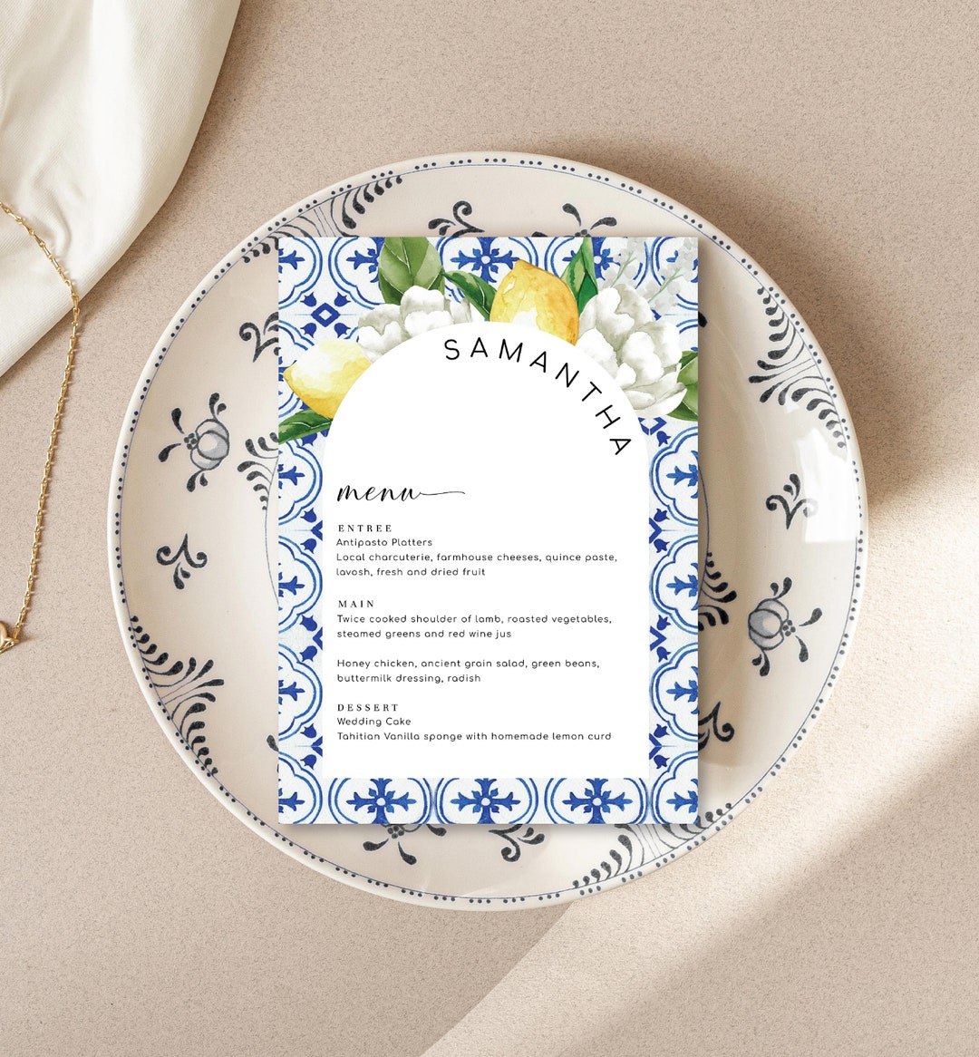 Mediterranean Blue Tile Editable Menu Arch Template, Italian Lemons ...