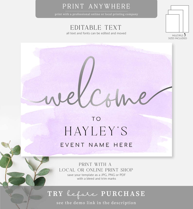 Printable Welcome Sign, Lilac Purple Watercolour Silver, Baby Shower ...