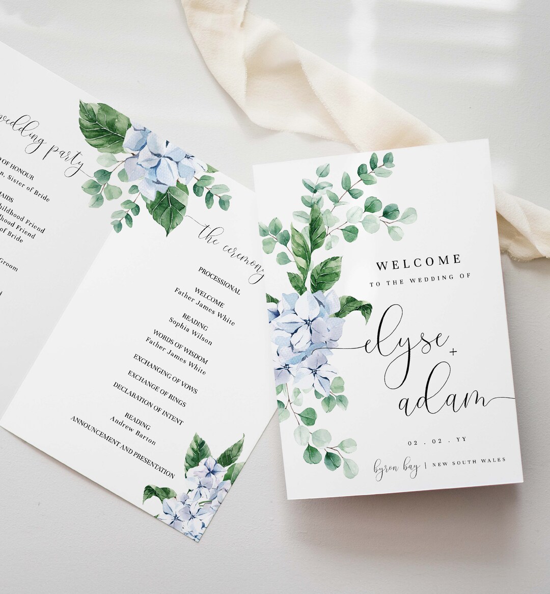 Printable Wedding Ceremony Program Template, Blue Hydrangea, Wedding ...