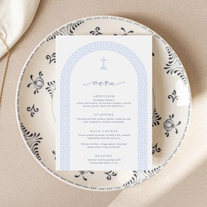 Printable Menu Template, Greek Key, Arch, Blue Boy Baptism Lunch Menu ...