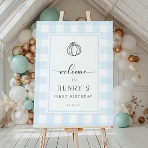 Blue Gingham Welcome Sign, Fall Pumpkin Boy First Birthday Blue Check ...