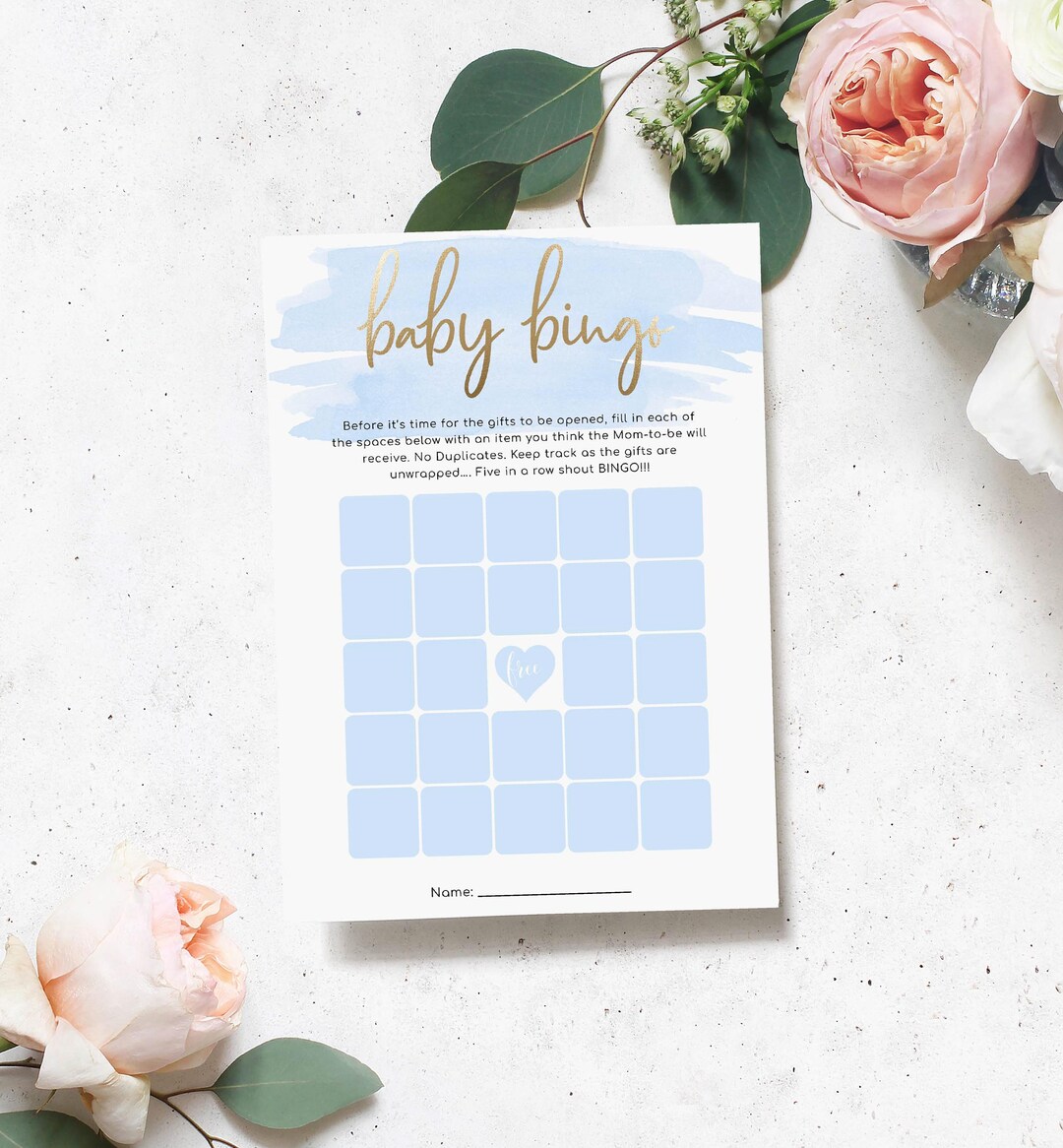 Blue Watercolour Baby Shower Bingo Game - Instant Download - Blue ...