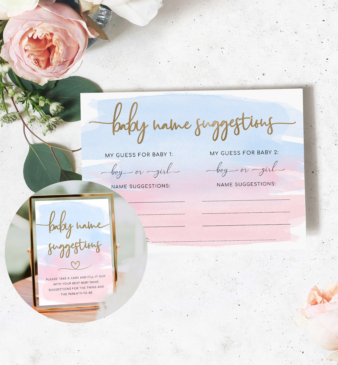 Twins Baby Name Suggestions Card & Sign: Pink Blue Watercolor ...