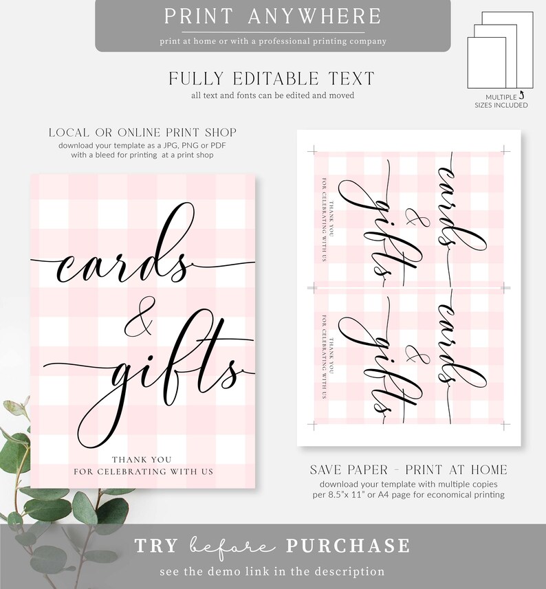 Printable Cards and Gifts Sign, Pink Gingham Check, Girl Baby Shower ...