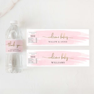 Printable Water Bottle Welcome Baby Label Template, Pink Watercolour ...