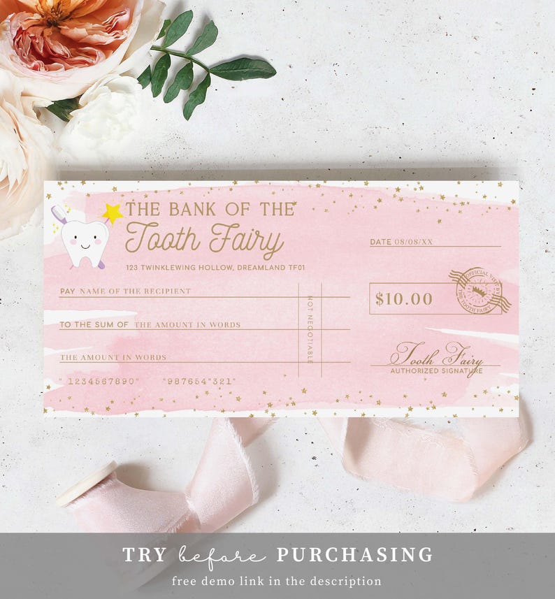 Printable Tooth Fairy Cheque, Pink Watercolor Voucher (digital Download ...
