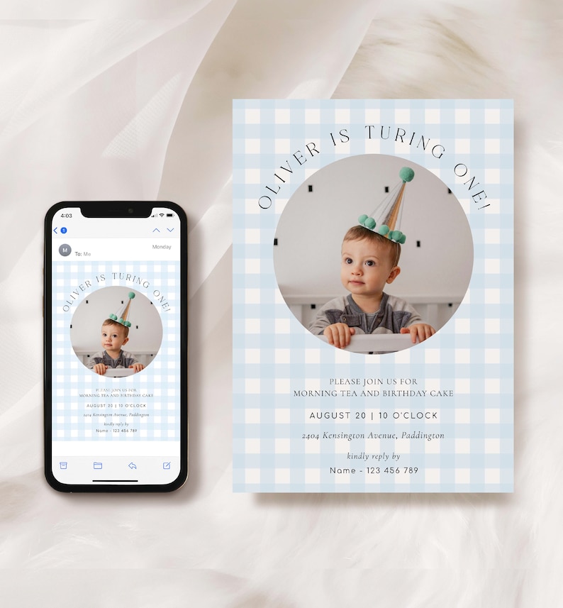 Blue Gingham Boy Birthday Photo Invitation, Printable BBQ First ...