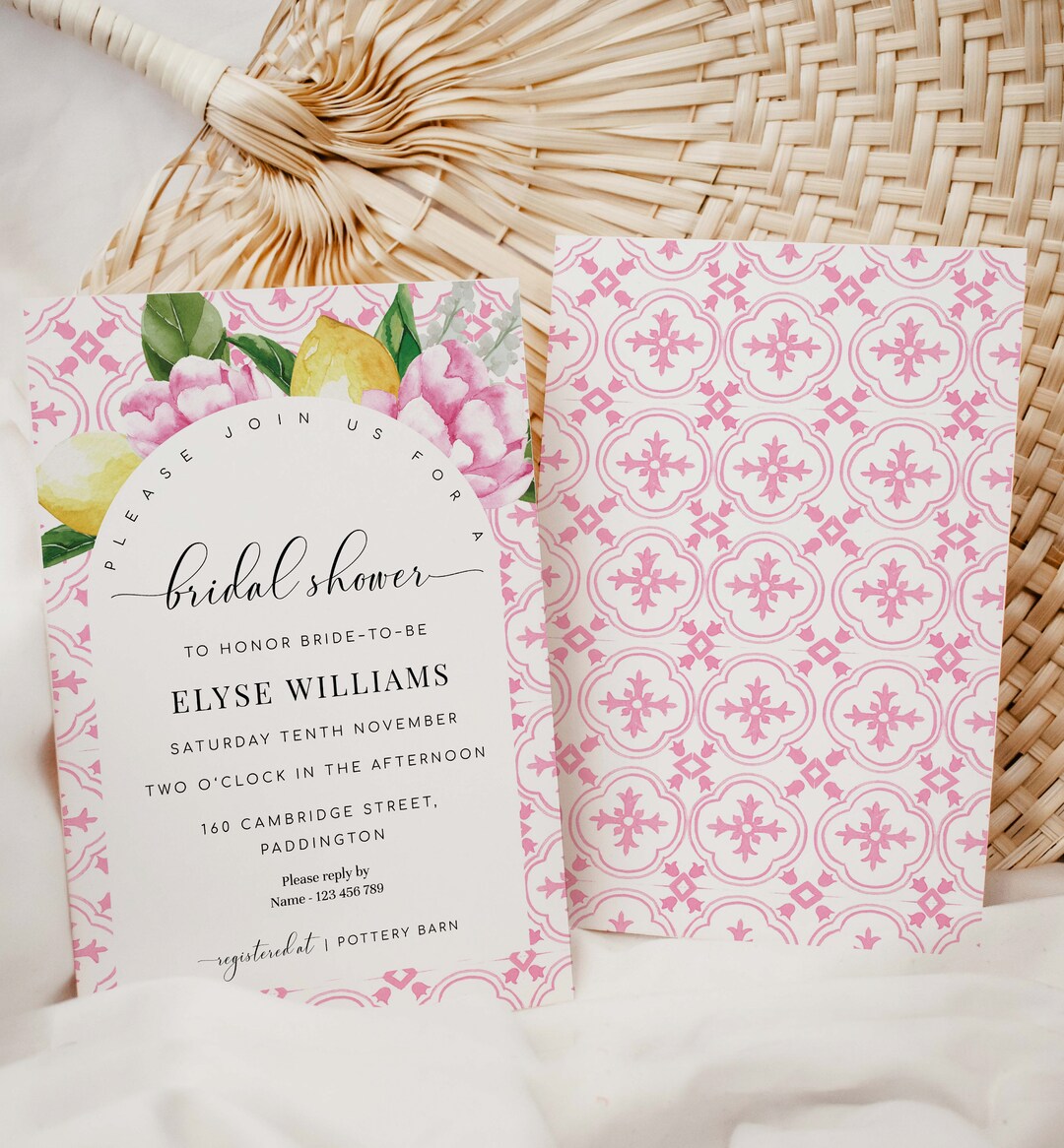 Printable Bridal Shower Invitation, Mediterranean Pink Tile Lemons ...