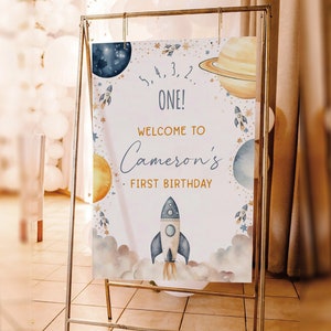 Rocket Ship Outer Space Birthday Welcome Sign, Printable First Trip ...