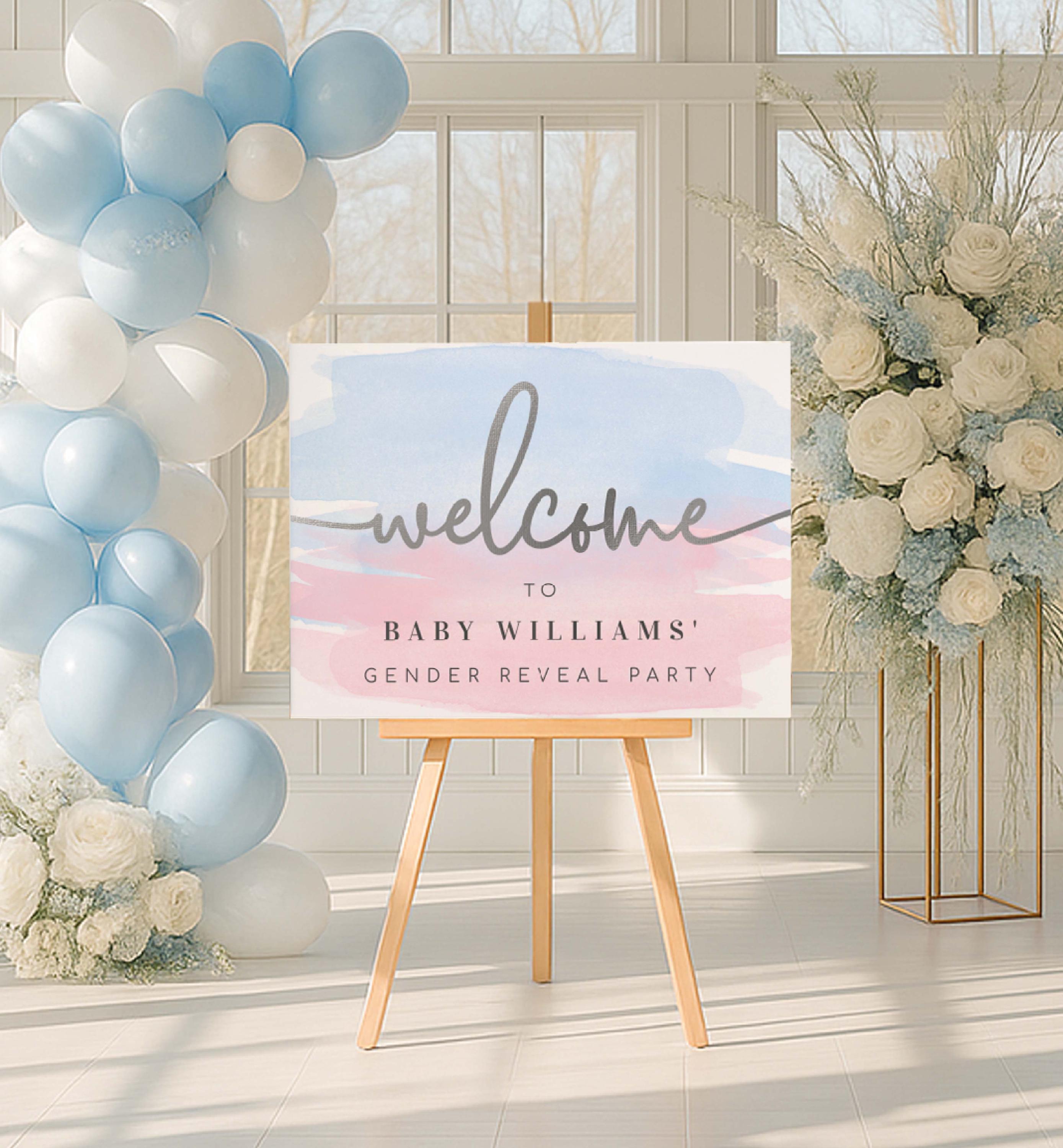 Printable Welcome Sign, Pink Blue Watercolour Gender Reveal Party ...