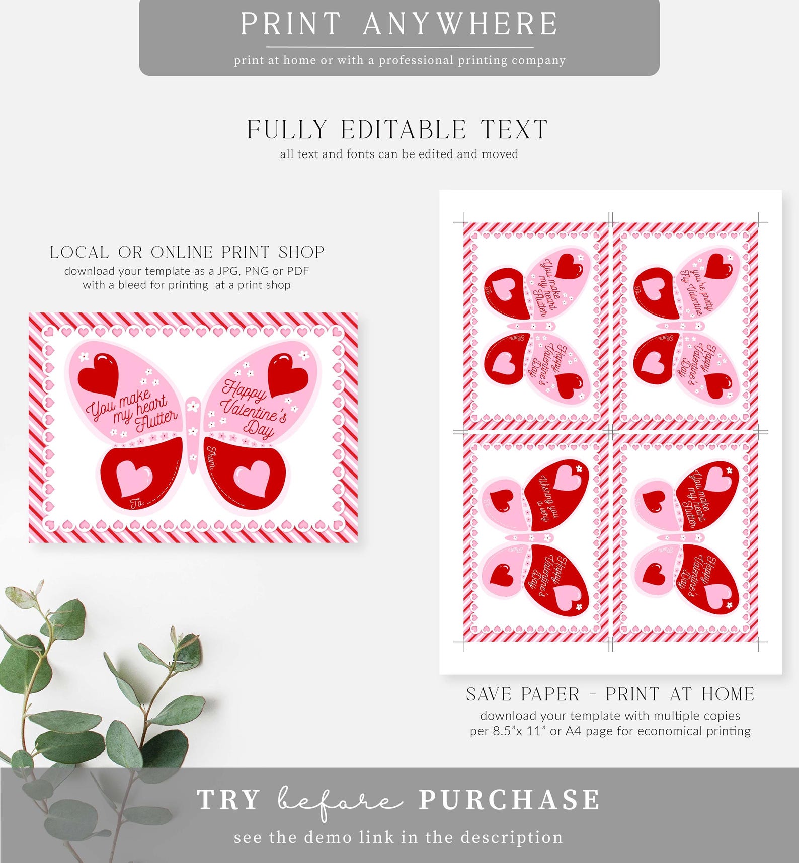 Butterfly Valentine Lollipop Tags Template, You Make My Heart Flutter ...