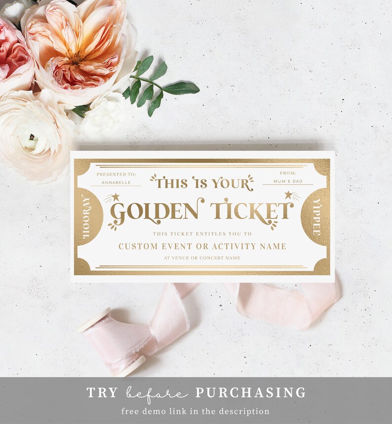 Printable Golden Ticket Gift Voucher, Custom Birthday Coupon (digital ...