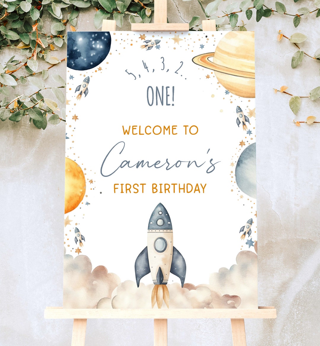 Rocket Ship Outer Space Birthday Welcome Sign, Printable First Trip ...