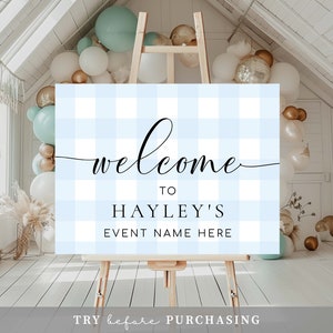 Blue Gingham Welcome Sign, Boy Baby Shower Pale Blue Check Welcome Sign ...