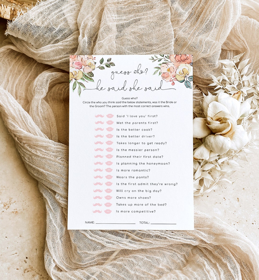 Guess Who? He Said She Said Printable Bridal Shower Game Template ...