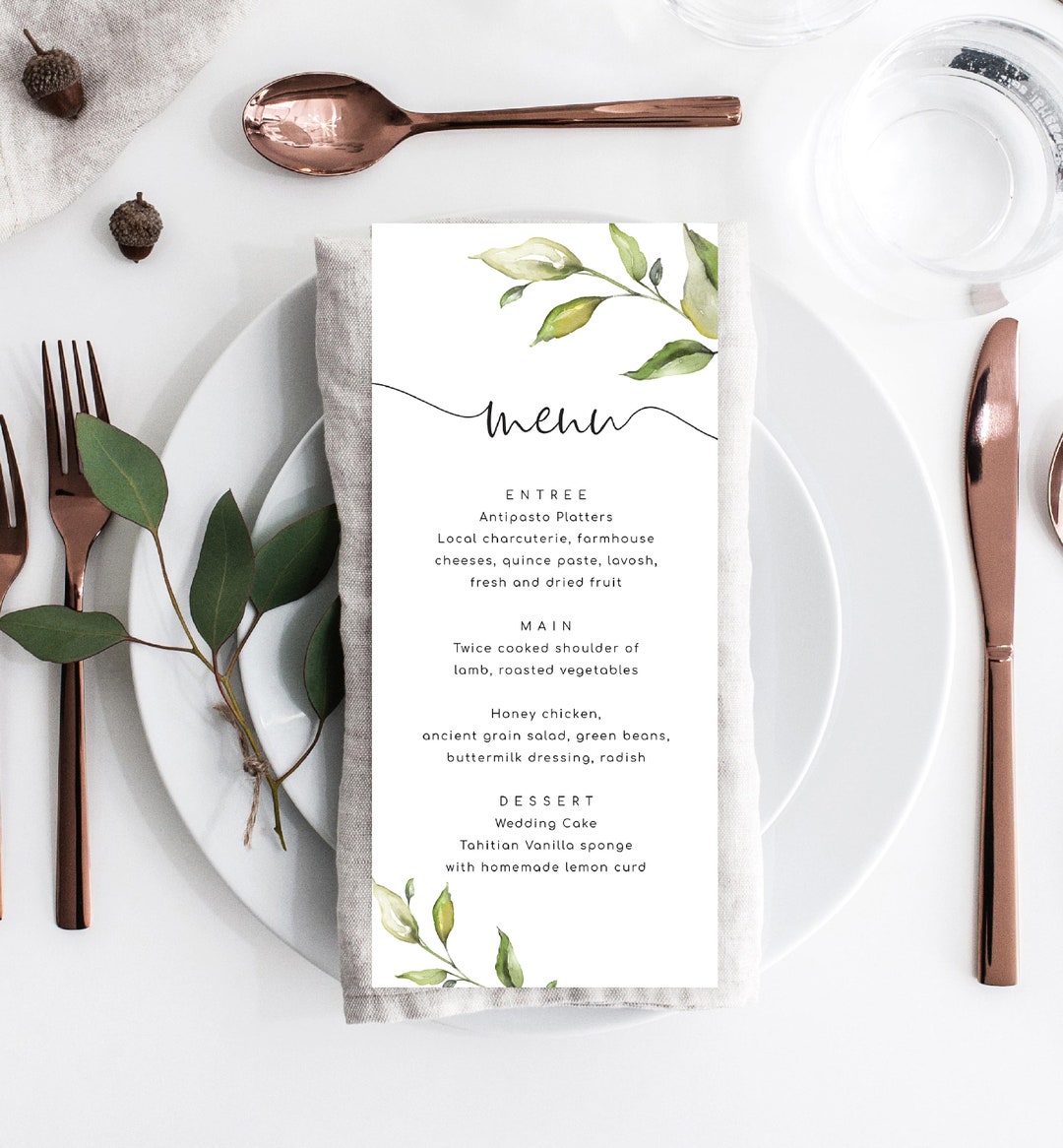 Greenery Editable Printable Menu Template - Modern Minimal Wedding Menu ...