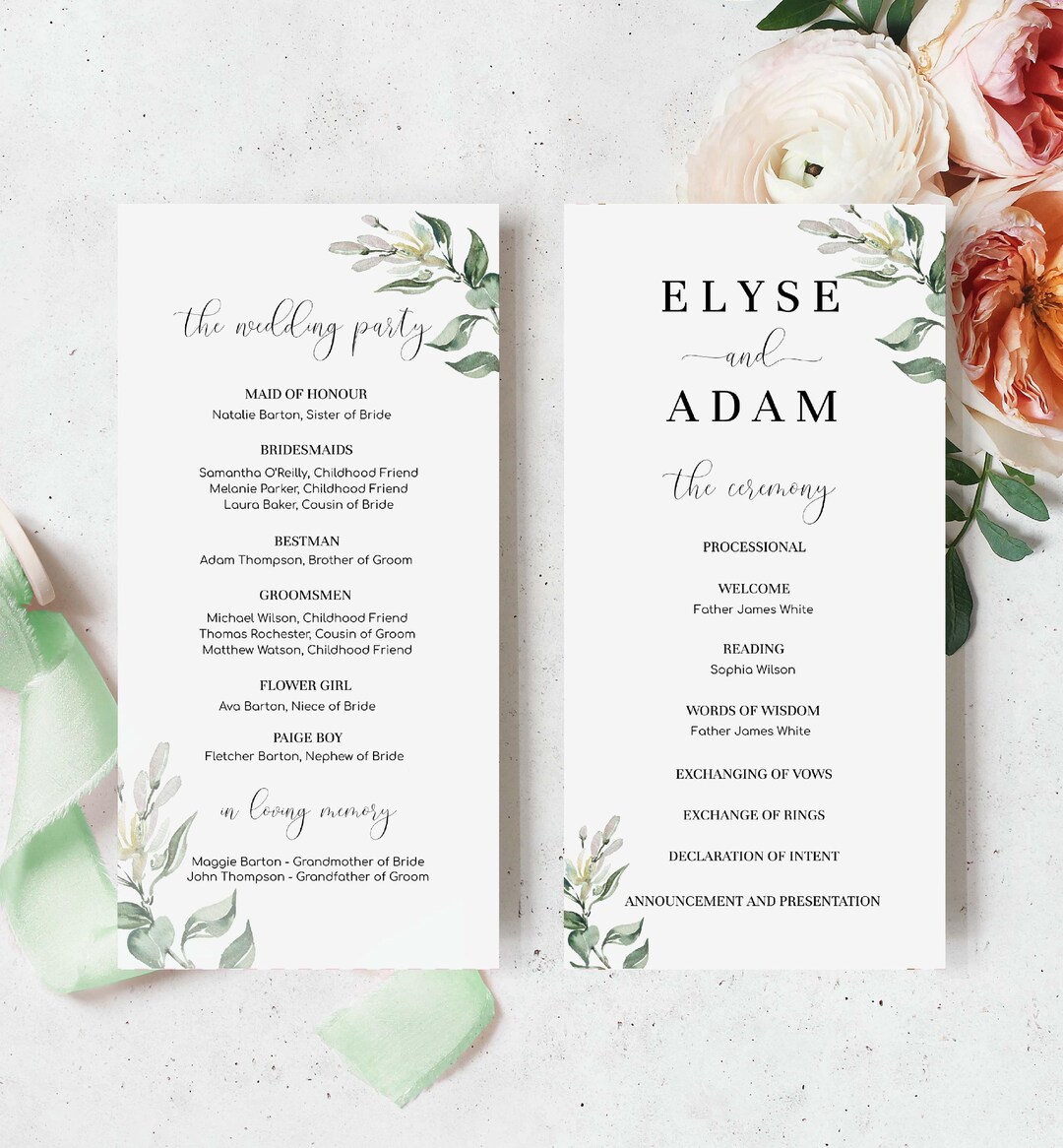 Printable Wedding Program Template, Wedding Service Program, Order of ...
