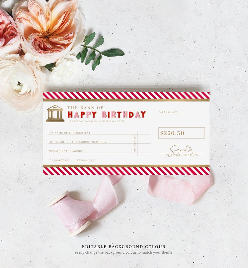 Printable Birthday Check Gift Voucher, Custom Fake Bank Cheque (digital ...